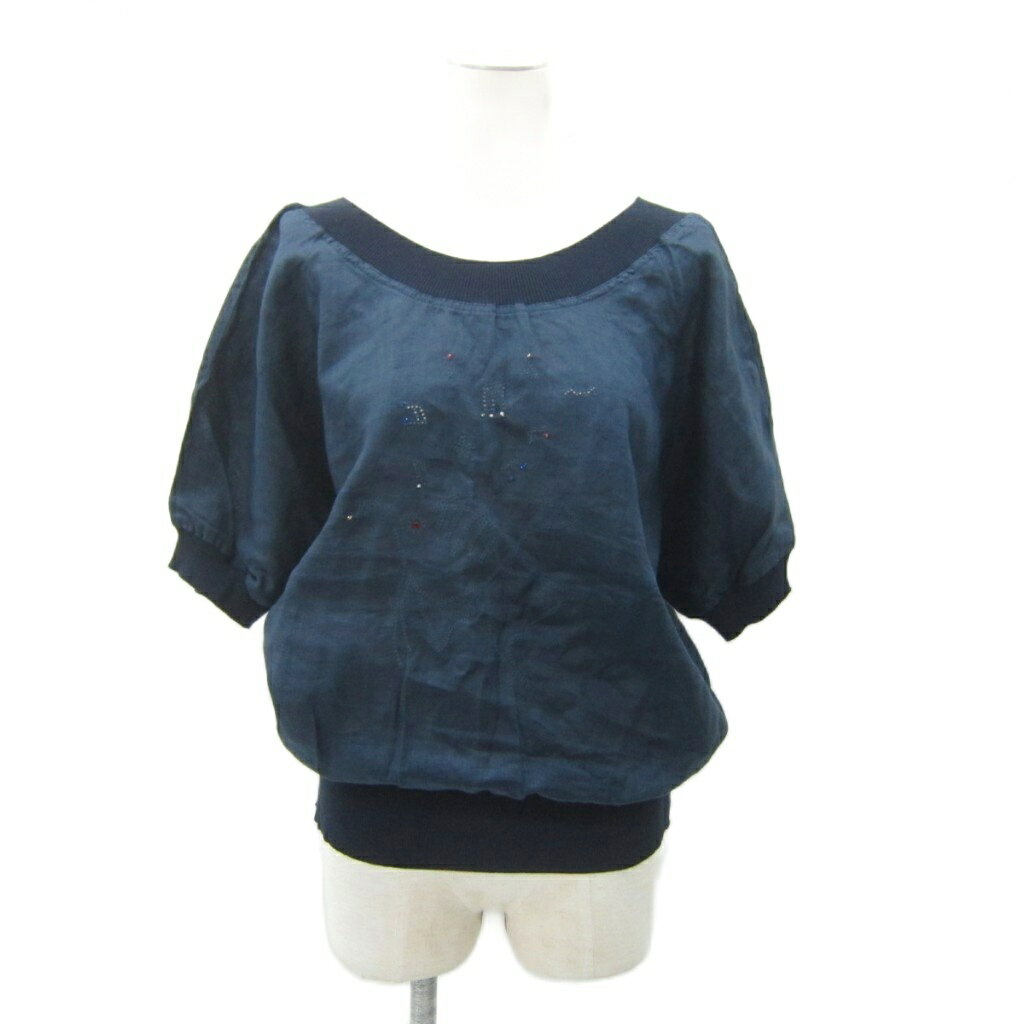 【中古】イタリヤ 伊太利屋 カットソー 五分袖 プルオーバー 麻 リネン 11B2 紺 ネイビー 刺繍 /SY12 ■GY61 レディース 【ベクトル 古着】 251223ブランドイタリヤ 伊太利屋表記サイズ11B2実寸サイズ身幅：48cm...