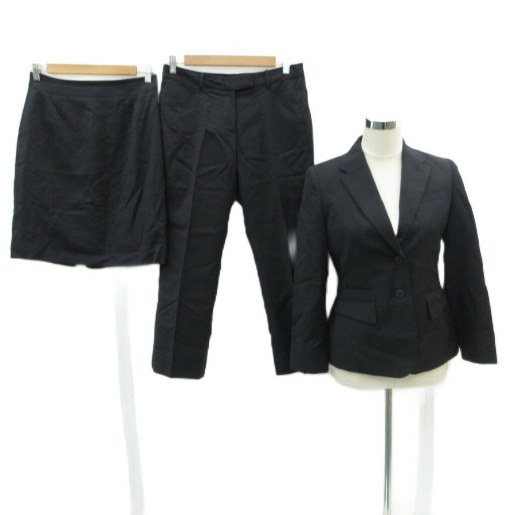 【中古】ミスジュンコ Miss JUNKO スーツ セットアップ 上下 11 13 黒 ブラック テーラードジャケット シングルブレスト 総裏地 ミドル丈 スラックスパンツ アンクル丈 タイトスカート ひざ丈 /YS45 ■GY58 レディ...
