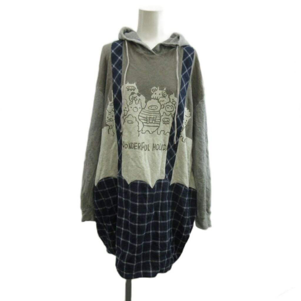 【中古】スカラー ScoLar パーカー フーディー M グレー ネイビー 紺 長袖 イラストプリント チュニック丈 /PP ■GY99 レディース 【ベクトル 古着】 260330ブランドスカラー ScoLar表記サイズM実寸サイズ肩幅：...