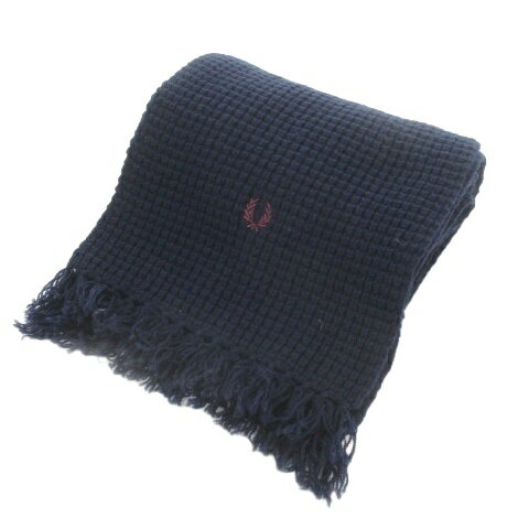 【中古】未使用品 フレッドペリー FRED PERRY マフラー ニット ウール ONE 紺 ネイビー ワッフル織り フリンジ ロゴ刺繍 /AH5 ■GY59 メンズ 【ベクトル 古着】 260417ブランドフレッドペリー FRED PER...