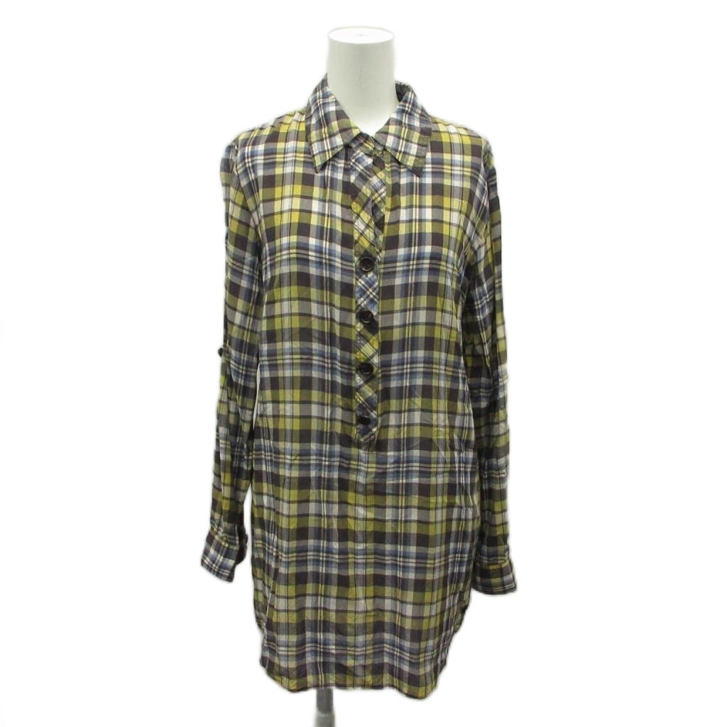 【中古】メイソングレイ MAYSON GREY シャツワンピース チュニック 長袖 ひざ丈 チェック柄 Vネック 2 黄色 イエロー チャコールグレー /XZ ■ECB004 レディース 【ベクトル 古着】 260426ブランドメイソングレ...