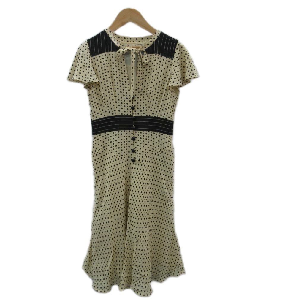 【中古】ナネットレポー nanette lepore ワンピース シルク 2 ベージュ 黒 ブラック ドット柄 ボウタイ 半袖 ロング丈 /HO39 ■GY70 レディース 【ベクトル 古着】 260727ブランドナネットレポー nanet...