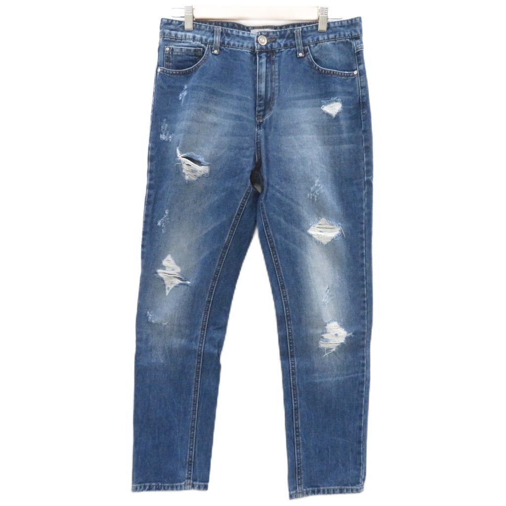 【中古】ストラディバリウス Stradivarius デニムパンツ ジーンズ テーパードパンツ 6 青 ブルー ダメージ加工 ロング丈 /YS15 ■ECA007 レディース 【ベクトル 古着】 260728表記サイズ6実寸サイズウエスト：...