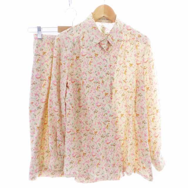 【中古】ハナエモリ HANAE MORI PARIS セットアップ シャツ 長袖 ステンカラー スカート フレア ひざ丈 絹 シルク 総柄 9 ベージュ ピンク トップス ボトムス /AZ レディース 【ベクトル 古着】 260511ブラン...