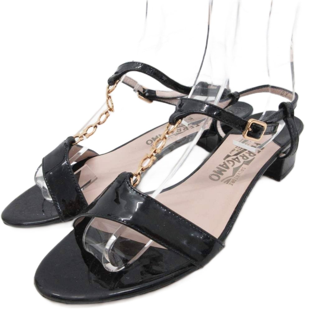 【中古】サルヴァトーレフェラガモ Salvatore Ferragamo ガンチーニ ストラップサンダル ミュール チャンキーヒール ゴールド金具 チェーン 8 25cm 黒 ブラック ■IBO91 レディース 【ベクトル 古着】 2603...