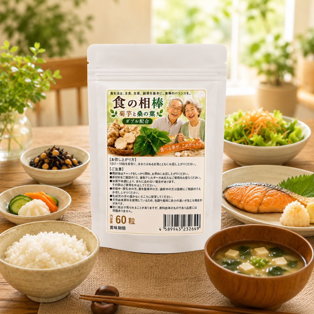 項目 内容 食べる幸せを、これからも。 菊芋×桑の葉使用「食の相棒」 我慢する毎日ではなく、食事と上手に付き合う新しい習慣を。 北海道産菊芋粉末と国産有機桑の葉を配合した新しいサプリメント、「食の相棒」が登場！ こんなあなたに！ □甘いもの...