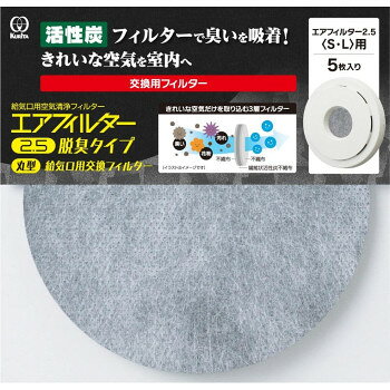 エアフィルター2.5丸型給気口交換用フィルターです。活性炭が外気の嫌な臭いを吸着し、埃や花粉を通しません。サイズ直径154×厚み0.8mm個装サイズ：20.0×19.0×8.0cm重量2.7g個装重量：20g素材・材質ポリエチレン、ポリエス...