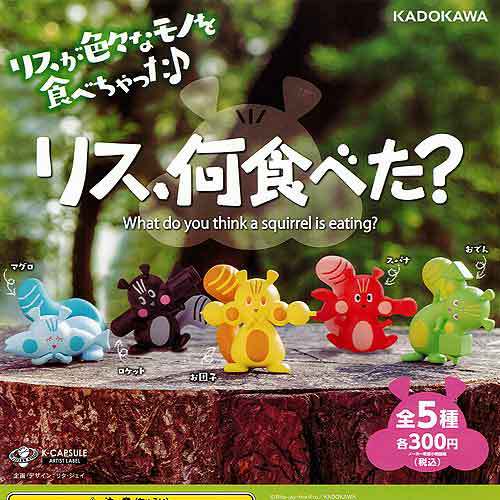■リスが色々なモノを食べちゃったカワイイマスコットが出ました♪KADOKAWA 300円カプセル自販機商品のフルコンプです。【リス、何食べた 全5種セット】★ラインナップの種類は以下となります。 　1：お団子 　2：マグロ 　3：おでん 　...