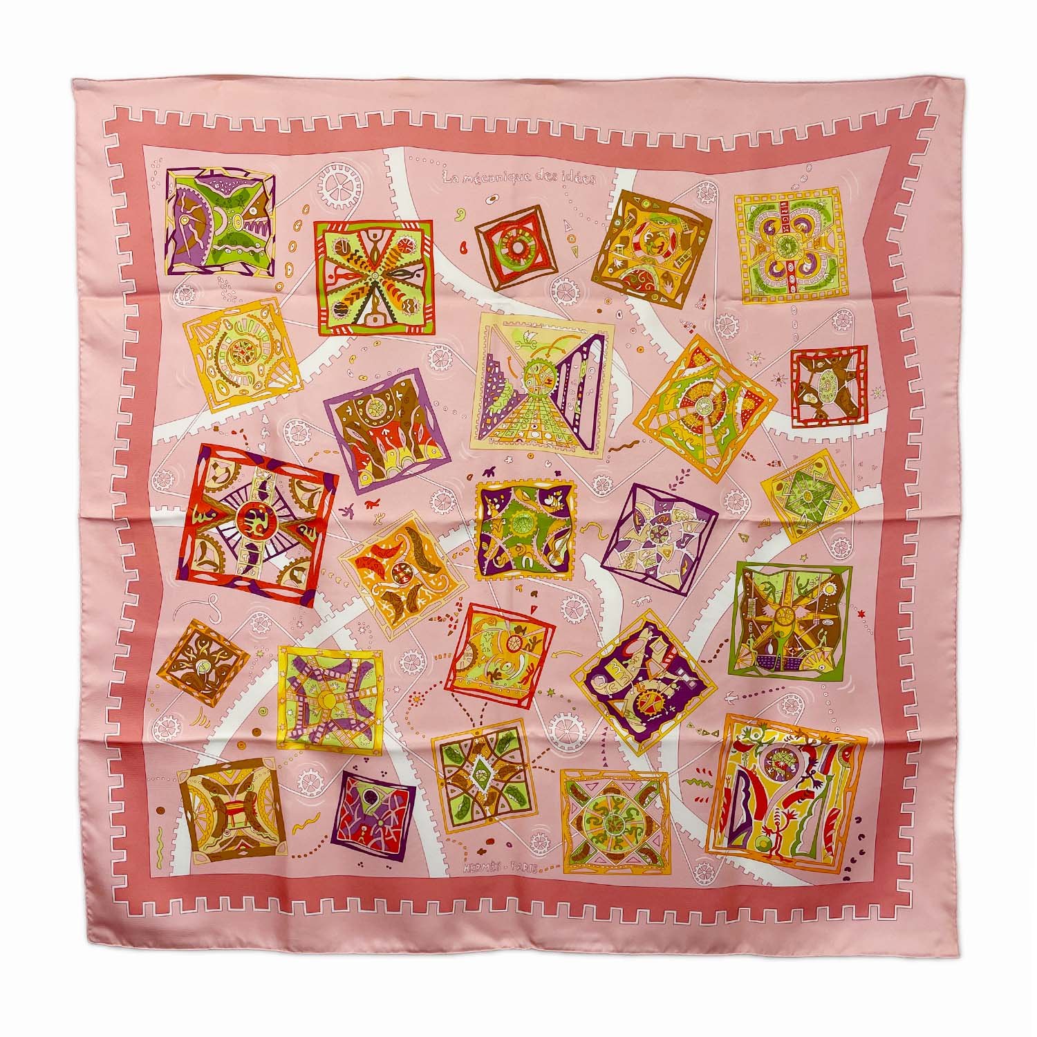 エルメスのスカーフが入荷しました♪人の頭の中に浮かぶアイデアの創造過程をポップに表現していて、機械的な思考過程やアイデアの発展が描かれています。パステルカラーと絵柄が調和し、フェミニンで知的な印象を与える一品です。ぜひこの機会にお手にとって...