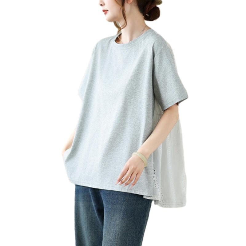 [Boretipseo] tシャツ レディース トップス 半袖 丸襟 花柄 刺繍 透かし彫り 切り替え ブラウス シャツ カットソー プルオーバー パッチワーク 大きいサイズ 体型カバー 通気 可愛い カジュアル