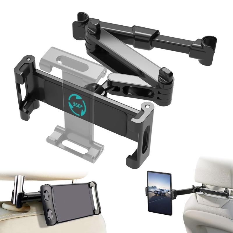 タブレット 車載ホルダー ヘッドレスト ホルダー 後部座席 伸縮アームスタンド 安定性拔群 360度回転 充電可能ホール付き 取り付け簡単 転落防止