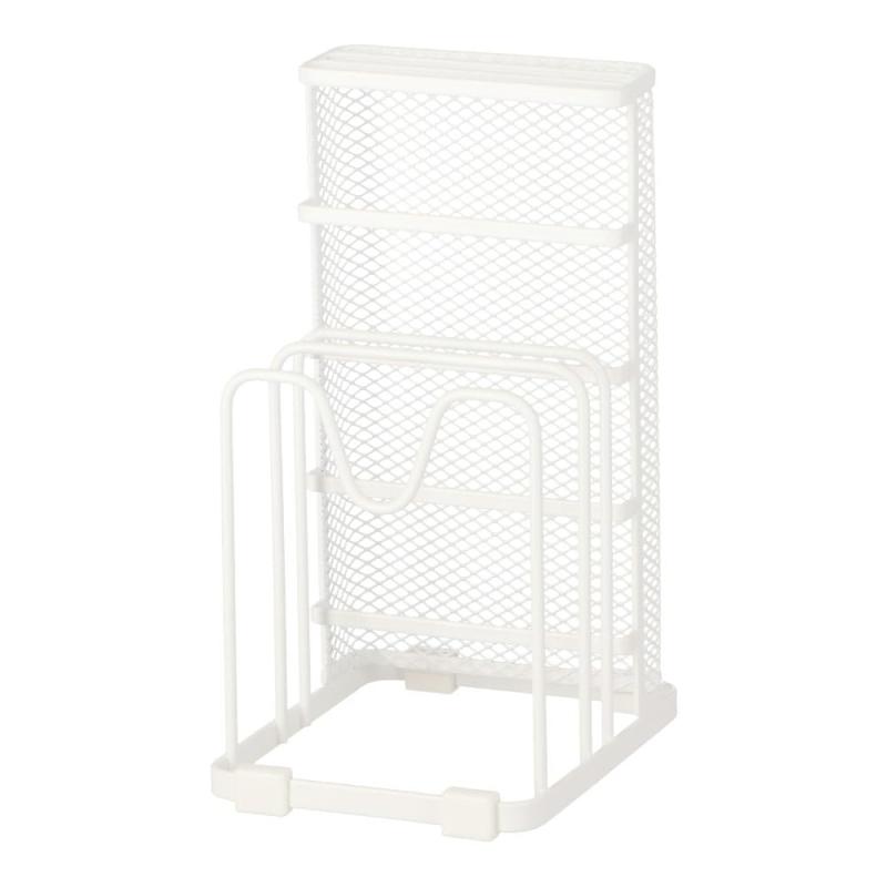 LIFELEX スチール包丁まな板スタンド 150120-210WH●材質 本体：スチール（エポキシ樹脂塗装） 脚ゴム：シリコーン樹脂 ●サイズ（約）：幅15×奥行11.5×高さ22.7（cm） ●MADE IN CHINA