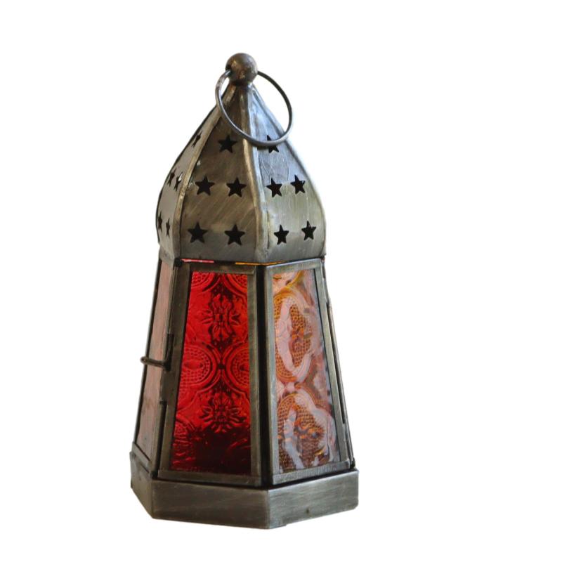 モロッコランタン キャンドルホルダー 高さ17cm 6面のレリーフガラス Morocco Lantern Candle holder【サイズ】高さ17cm　直径8.5cm　【重さ】0.18kg【素材】ガラス、アイアン　【産地】インド6面のレ...