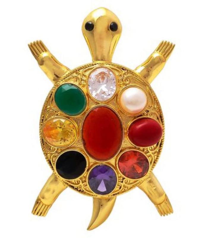 Navratna Gem Stone Religious Tortoise Turtle Tabletop Kachua Golden Fengshui Statue Symbols for Good Luck Decorative Sho...