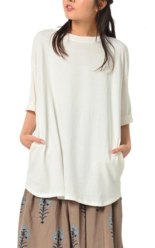 [JANJAM] 大きいサイズ レディース トップス カットソー 5分袖 ラウンドヘム バックテール ハーフスリーブ cotton100ベーシックなデザインにニュアンスをプラス。ラウンドヘム＆バックテールで女性らしいシルエットのハーフスリー...