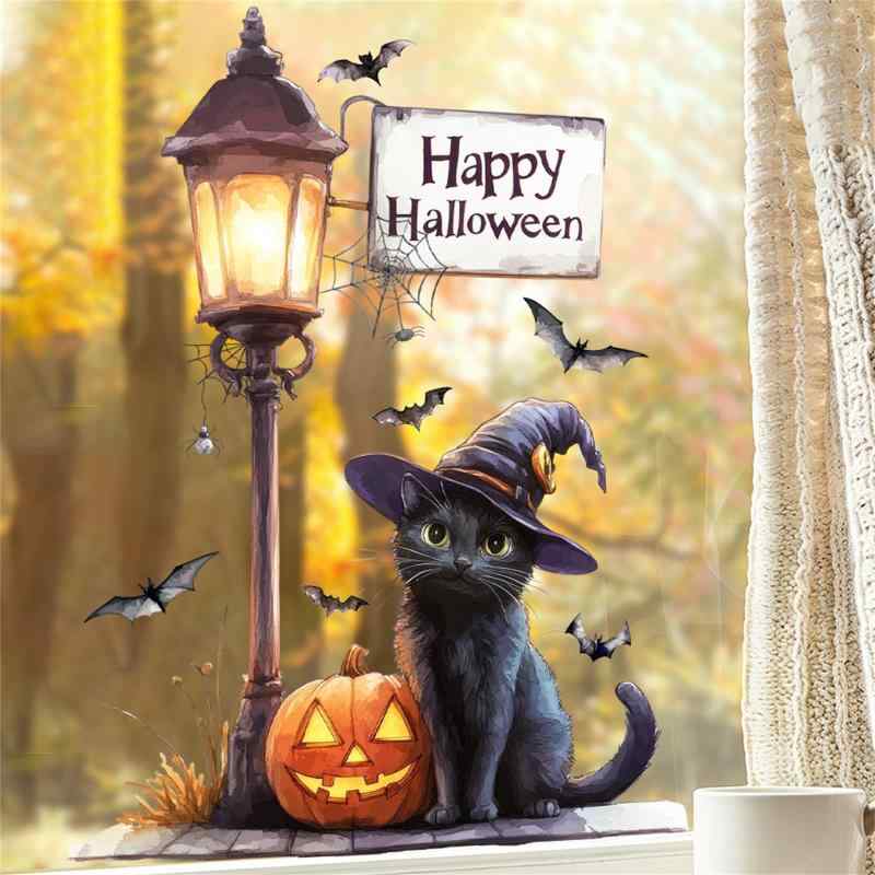 Hikosiya ハロウィン 飾り 静電ステッカー 窓ステッカー 猫 黒猫 かぼちゃ 幽霊 コウモリ 蜘蛛 Happy Halloween 窓 ドア 戸棚 ガラス 飾り 両面印刷 水で貼る 貼り直し可能 静電気シール インテリア 素材：高品...