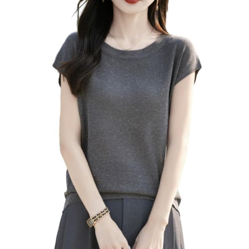 [Boretipseo] サマーニット レディース トップス 半袖 丸首 リネン ニット tシャツ カットソー プルオーバー 通気 透け感 涼しい 柔らか 無地 ゆったり おしゃれ カジュアル 上品 通勤 春 夏 秋女性らしいのカットソー、...