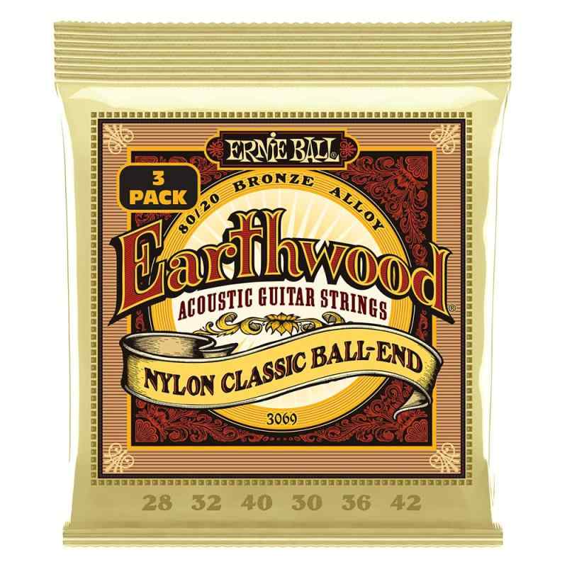 【正規品】 ERNIE BALL 3069 クラシックギター弦 (28-42) EARTHWOOD FOLK NYLON, CLEAR &amp; GOLD BALL END, 80/20 BRONZE 3Set Pack個別包装3セット入...