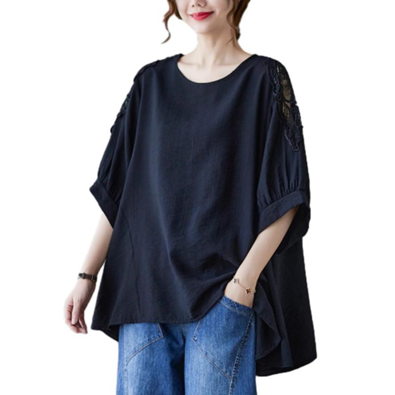 [Boretipseo] tシャツ レディース トップス 半袖 クルーネック 5分袖 刺繍 花柄 透かし編み 肩出し レース 切り替え 通気性 不規則な裾 プルオーバー 大きいサイズ 体型カバー カジュアル ゆった