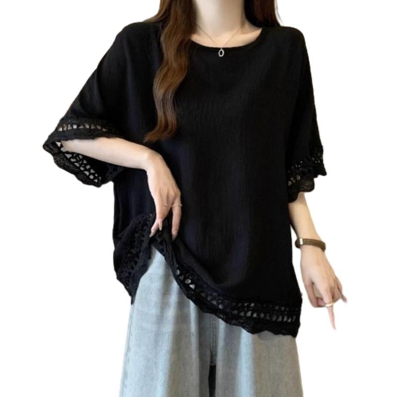 [Boretipseo] tシャツ レディース 半袖 トップス クルーネック 花柄 レース 透かし彫り カットソー プルオーバー 薄手 通気性 切り替え 大きいサイズ おしゃれ カジュアル お出かけ デート オフ