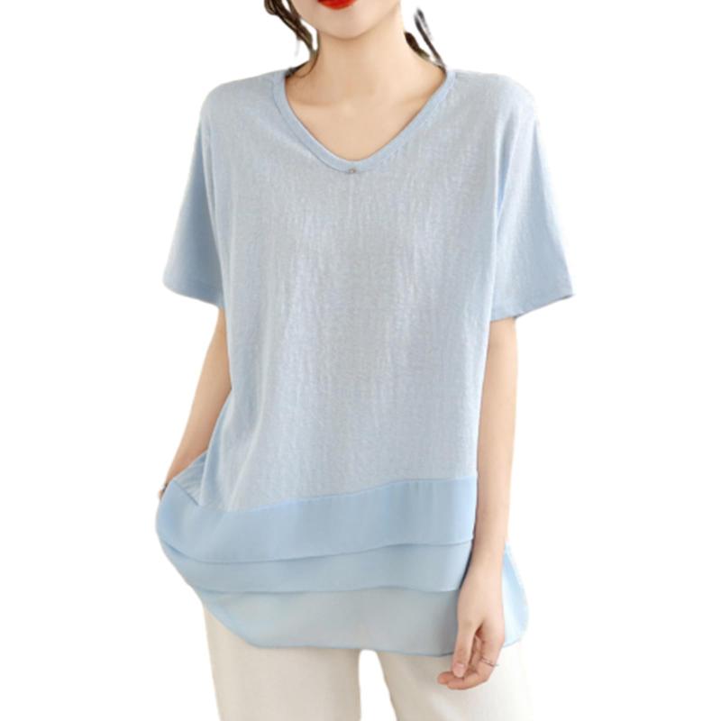 [Boretipseo] tシャツ レディース トップス 半袖 Vネック シフォン 切り替え フリルブラウス プルオーバー ふんわり かわいい 大きいサイズ 体型カバー おしゃれ カジュアル オフィス 通勤 春 夏