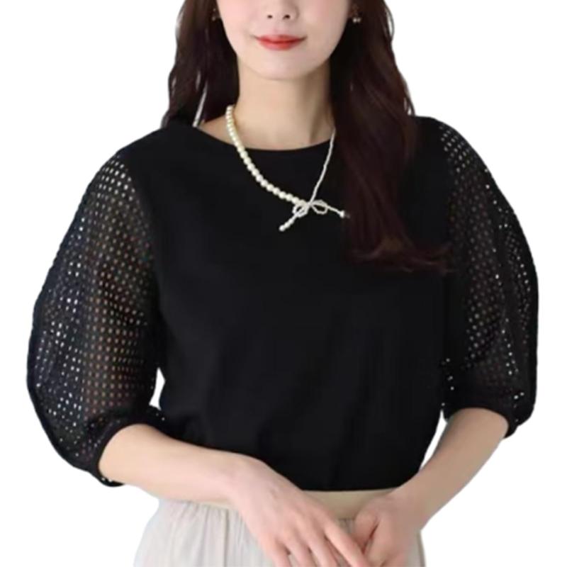 [Boretipseo] tシャツ レディース トップス 半袖 丸首 メッシュ 五分袖 切り替え ティーシャツ 透け ブラウス カットソー プルオーバー 薄手 通気性 無地 体型カバー ファッション カジュアル 通