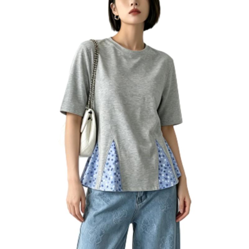 [Boretipseo] tシャツ レディース 花柄 フリル トップス 半袖 クルーネック 切り替え ブラウス プルオーバー 薄手 体型カバー ファッション ゆったり きれいめ デート 通勤 韓国 オフィス 春 夏