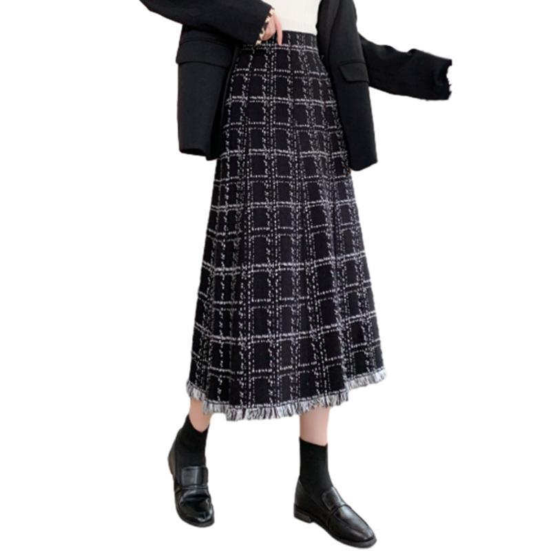 [CCGGOWMM] スカート レディース ニットスカート ミモレ丈 フリンジ スカート ロングスカート チェック柄 Aラインスカート フレアスカート ふんわり ゴム ハイウエスト ゆったり 着痩せ カジュ