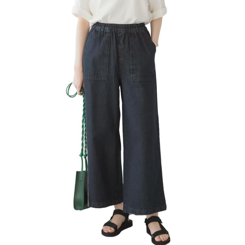 [atONE] ジーンズ デニム パンツ レディース パンツ ボトム ズボン ウエストゴム ゆったり穿ける ワイドパンツ 薄手 イージーパンツ レディース ゆったり ゴム 春 夏 秋 冬 m l ll 3l 4l 濃い ネイウエストゴムの履...