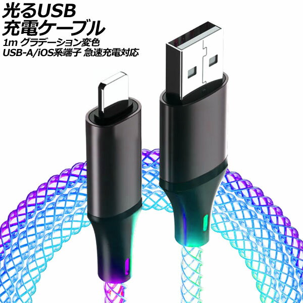入数：1個USB-A/iOS系端子ケーブルです。グラデーション変色するケーブルで、毎日の充電を幻想的に演出！最大12Wの高出力で、スマートフォン、タブレット、パソコンなどの急速充電が可能です。サイズ/タイプ：1mグラデーション変色 USB-...