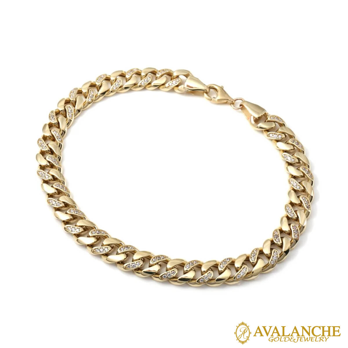 コメント アメリカンジュエリー王道デザインのマイアミデザインのイエローゴールドブレスレット。通常でも存在感のあるマイアミデザインにジルコニアを一部にセッティングしている為、より存在感のあるブレスレットに仕上がっております。アメリカでは定番の...