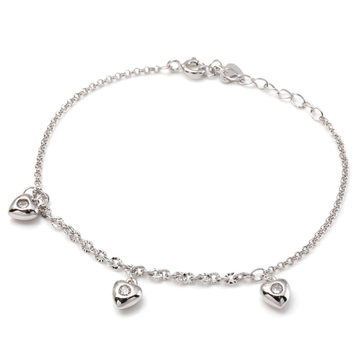 コメント 等間隔でハートのチャームをセットしたブレスレット。揺れる造りになっているので、動くたびに存在感を放ちます。 素材 シルバー925 石 ジルコニア サイズ 幅1.5mm ※アジャスターで調整可能。 サイズは最長部を計測しております。...