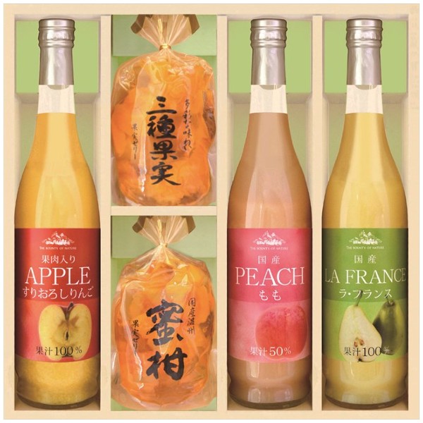 ●100％すりおろしりんごジュース（500ml）×1、もも果汁入り飲料（果汁50％500ml）×1、100％ラ・フランスジュース（500ml）×1、果実ゼリー（国産蜜柑350g）×1、果実ゼリー（三種果実350g）×1●箱33.0×31.0...