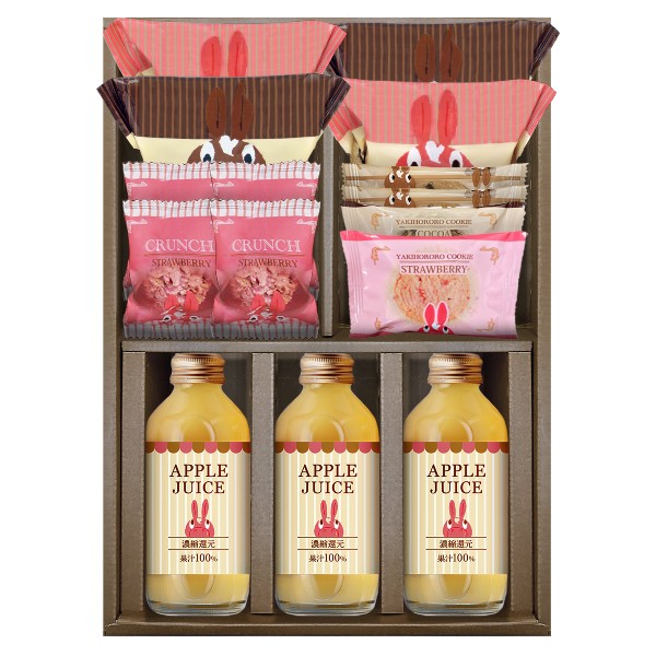 ●アップルジュース180ml×3、焼きドーナツ（ストロベリー×2、チョコ×2）、ストロベリーチョコクランチ×4、焼きほろろクッキー（ココア、ストロベリー）、ナッツとチョコのざっくりクッキー×2●箱325×230×65mm（日本製）●賞味期限...