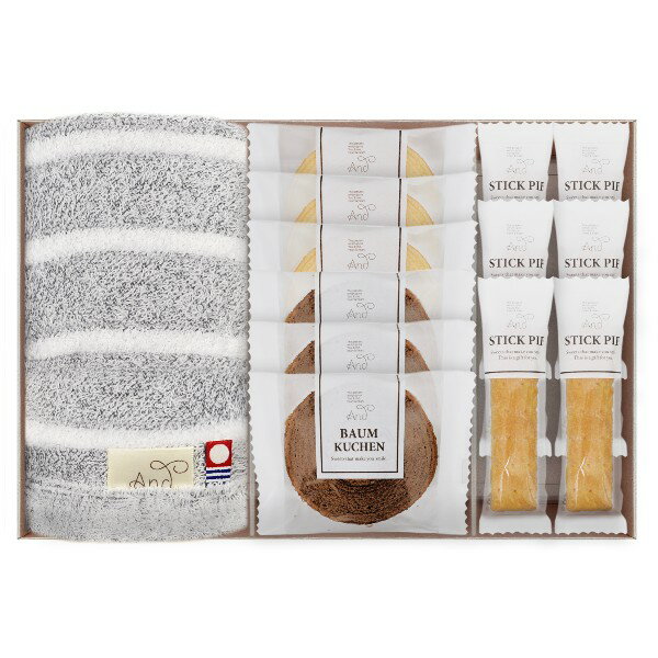 ●バウムクーヘン（ココア・バニラ）×各3、スティックパイ（プレーン）×6、ウォッシュタオル（約34×35cm・綿100％）●箱205×310×55mm（日本製）●賞味期限/120日（製造日より）今治タオル認定番号 第2022-688号お客様...