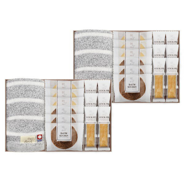 ●バウムクーヘン（ココア・バニラ）×各6、スティックパイ（プレーン）×12、ウォッシュタオル（約34×35cm・綿100％）×2●箱205×310×115mm（日本製）●賞味期限/120日（製造日より）今治タオル認定番号 第2022-688...