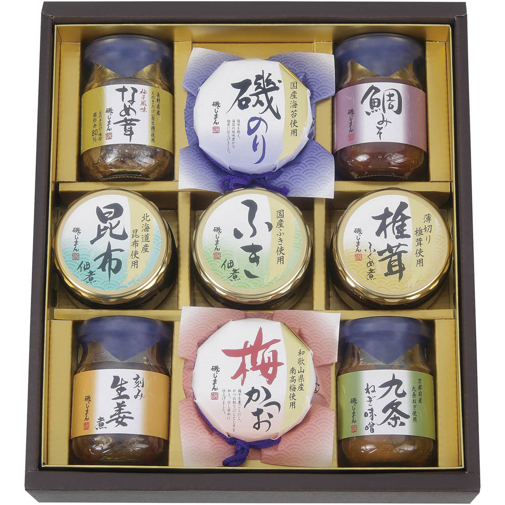 セット内容磯のり90g、梅かつお90g、昆布佃煮70g、ふき佃煮50g、椎茸ふくめ煮85g、柚子風味なめ茸85g、刻み生姜煮90g、鯛みそ100g、九条ねぎ味噌100g サイズ（縦x横x高さ）280x245x70 重量(g)2300 配達区...
