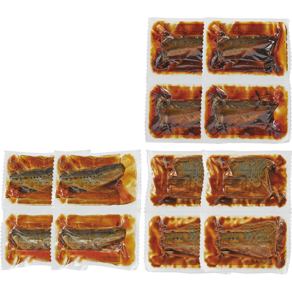 使い易い1食分の小分けパック。国産の原料を使用し、骨まで食べられる煮付け詰合せ セット内容さば味噌煮切身・いわし梅煮切身・あじ昆布煮×各4 サイズ（縦x横x高さ）265x375x95 重量(g)830 配達区分常温 賞味期限（日数）製造後1...