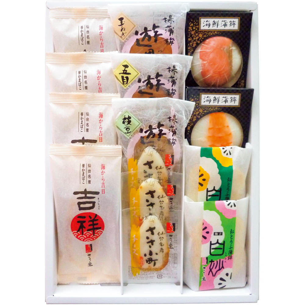 上質なすり身を使い丁寧に仕上げたささ圭自慢の美味しい笹かまぼこの詰合せです。 セット内容笹かまぼこ35g×4、真空笹かまぼこ（チーズ）20g×3、揚げ蒲鉾（枝豆・五目・玉ねぎ）各40g、おとうふ蒲鉾（柚子・プレーン）各50g、海鮮蒲鉾（えび...