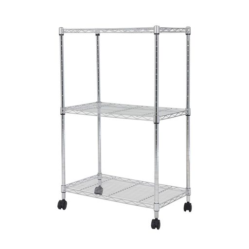 本体サイズ(約):幅59.5x奥行34.5x高94cm(棚板有効内寸:幅53x奥行28cm) 素材:シェルフ(棚)・ポール:スチール(クロームメッキ)、スリーブ:ABS樹脂 棚耐荷重:80kg 全体耐荷重:240kg セット内容:棚板x3、...