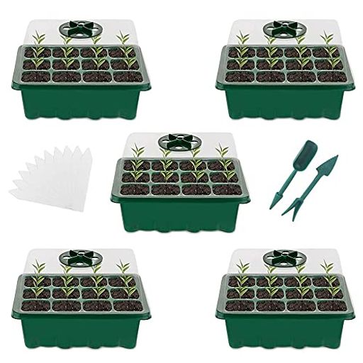 【サイズ】:育苗ポットサイズ:19 x15 x 11.5 cm、植物の成長に適していることを確認してください。パッケージには、5個の12ユニットトレイ、10個の植物ラベル、1つの穴あけツール、1つの移植ツールが含まれており植物種の区別、苗の...