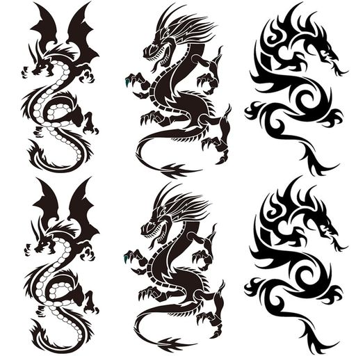 【セット内容】タトゥーシール 竜 ミニサイズ、6枚セット。3種類、各2枚。竜 竜 飛竜 【サイズ】:約6cmx10.5cm(絵柄台紙部分)。 【持ち時間】防水加工のため、お風呂など通常は4-7日程度保つ事が出来ます。 手足等のよく動かす所と...