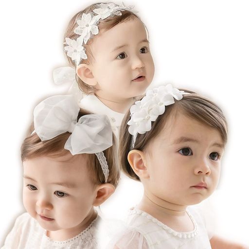 セット内容:3点セット サイズ: 約40~50cm 【参考年齢】 0歳~2歳頃 新生児から使用できる可愛いベビー用ヘアバンド! 髪の毛の少ない赤ちゃんでも、これをつけるだけでキュートな女の子に変身。 結婚式やお宮参りはもちろん、普段使いのお...