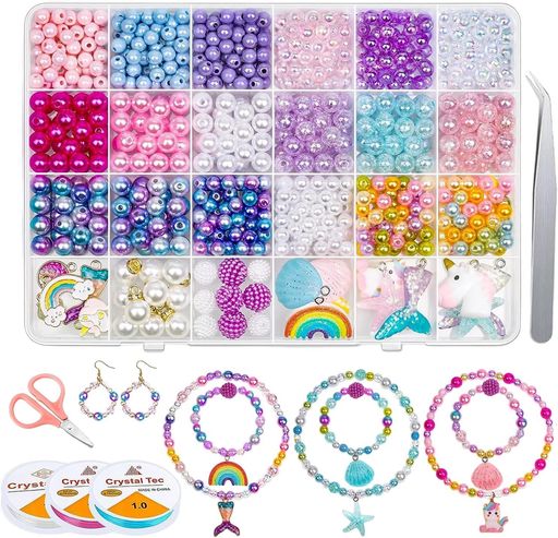 🦄 【773Pcs DIYビーズジュエリーメイキングキット】マーメイドDIYビーズジュエリーメイキングキットセットから大きな価値を得ることができます。14色のビーズの743個のビーズを含むパッケージ.3ロール3色の弾性ジュエ...