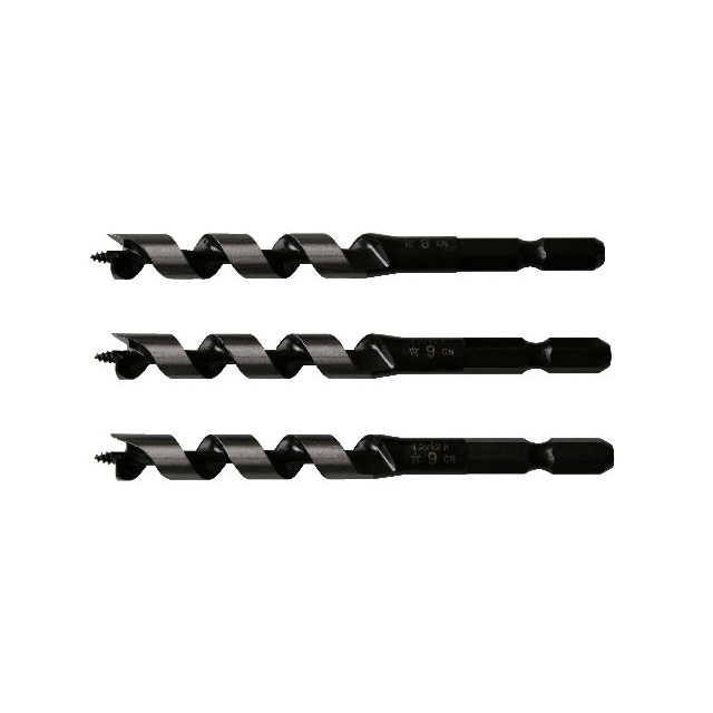☆☆商品仕様☆☆ ●ドリル径：9mm ●差込角：六角軸対辺6.35mm ●3本セット ☆☆ここに注目☆☆ ▼ドリル先端が先ネジになっており回転力を利用しスムーズに穴あけします ▼先ネジとケガキ刃を小さくし切削抵抗を軽減させバッテリ寿命をUP...