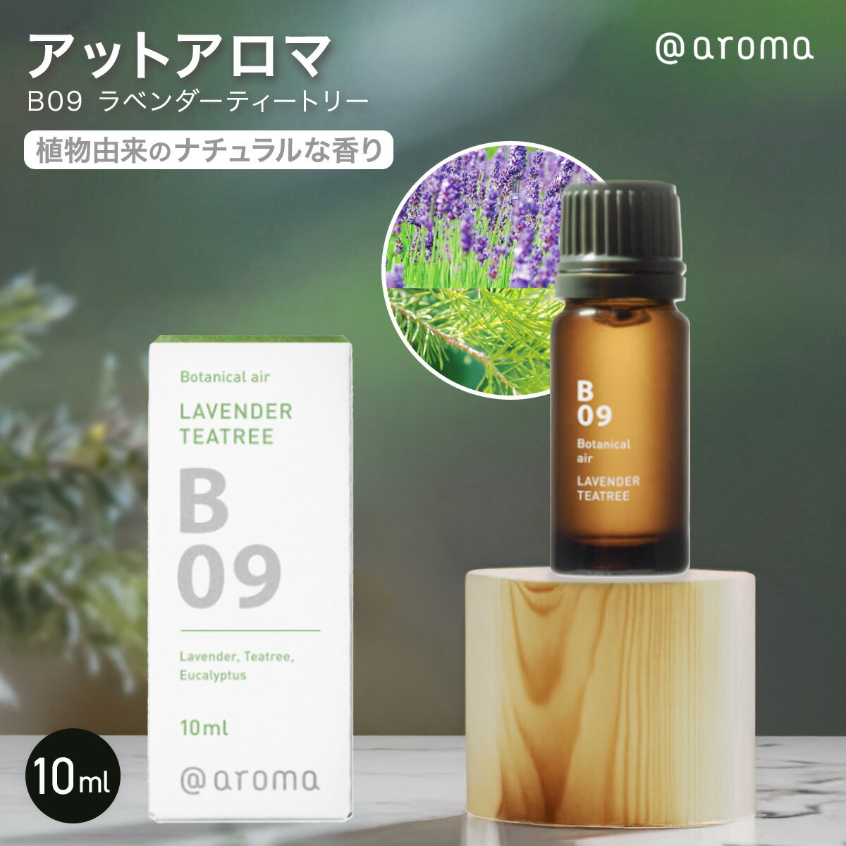 説明アットアロマ 「B09ラベンダーティートリーBotanical air」は、ラベンダー・ティートリー・ユーカリを絶妙にブレンドした100％ピュア精油。華やかさと清涼感が調和し、気分を整えたい時や空気をすっきりさせたいシーンに最適です。デ...