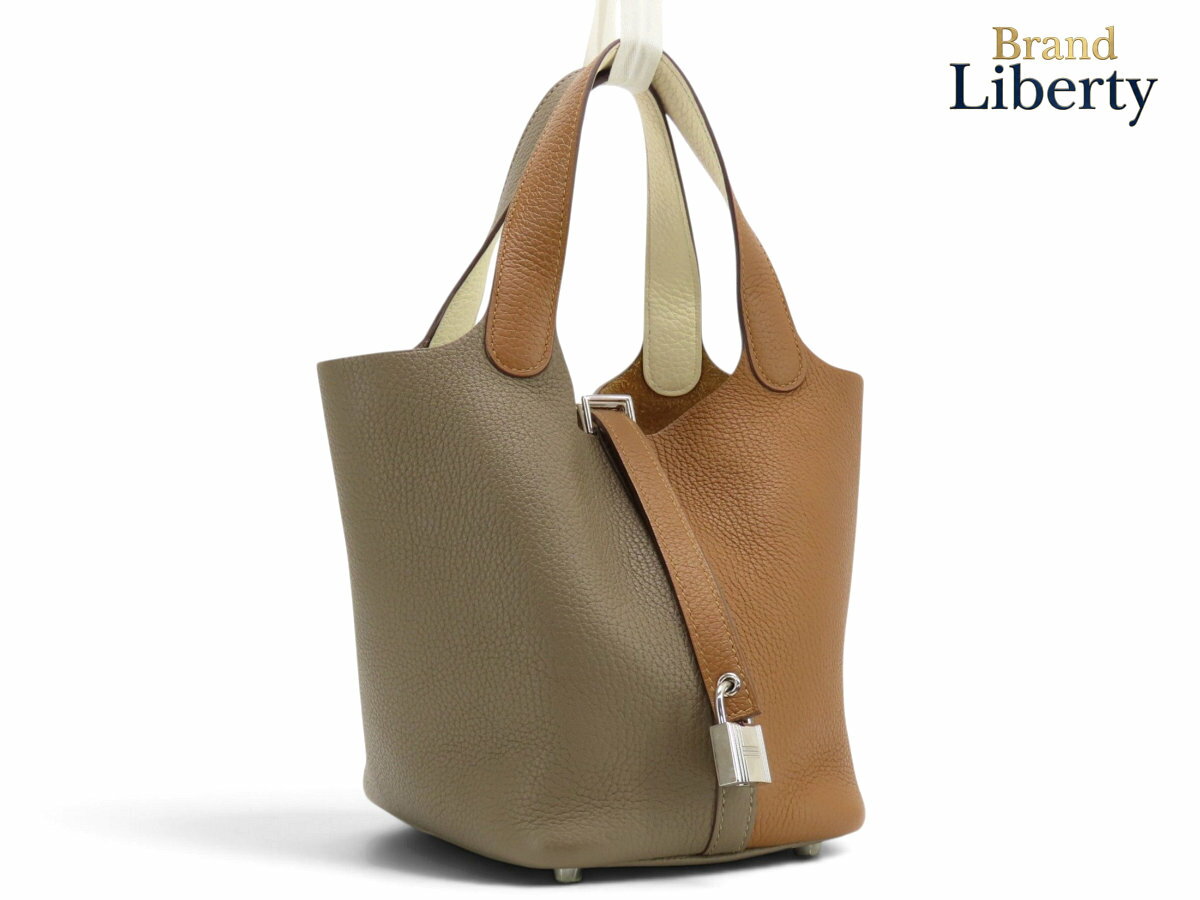 ● ブランドエルメス　HERMES ● 商品名ピコタンロック 18 PM カザック2　ハンドバッグ　トートバッグ ● サイズW：18cm　H：18.5cm　D：13cm ● カラーゴールド(ブラウン)xエトゥープ(ベージュ)xナタ(アイボリ...