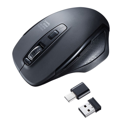 USB　TYPE-C・A　レシーバーを2個搭載した5ボタンイヤレスブルーLEDマウス。USB　A、Type-Cの2個のレシーバーがついたワイヤレスマウスです。 2つのパソコンを切り替えてつかえる便利なマウスです。 すすむボタンより戻るボタン...