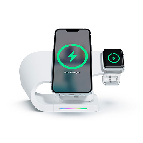 iPhone、Apple Watch、AirPodsを同時ワイヤレス充電/MagSafe機能付きのiPhoneに対応/モダンなデザインにレインボーライト、充電エリアごとにカラーが変わるmiak「3in1 Wave ワイヤレス充電スタンド」は...
