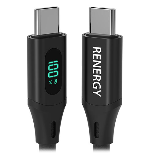 充電状況がわかるLEDディスプレス付きC to Cケーブル/100WPD/PPS対応、デバイスに応じて最適充電/eMarker ICチップ搭載[RENERGY] 「LEDデジタルディスプレス付き100W C to C ケーブル」は、コネクタ...